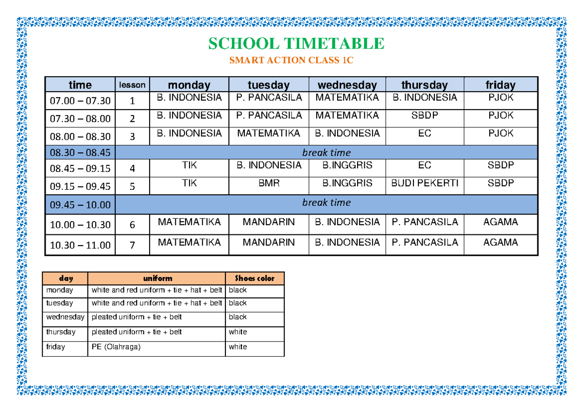 SCHOOL TIMETABLE CLASS 1C: WEEKLY LESSONS & UNIFORM DETAILS - Studocu