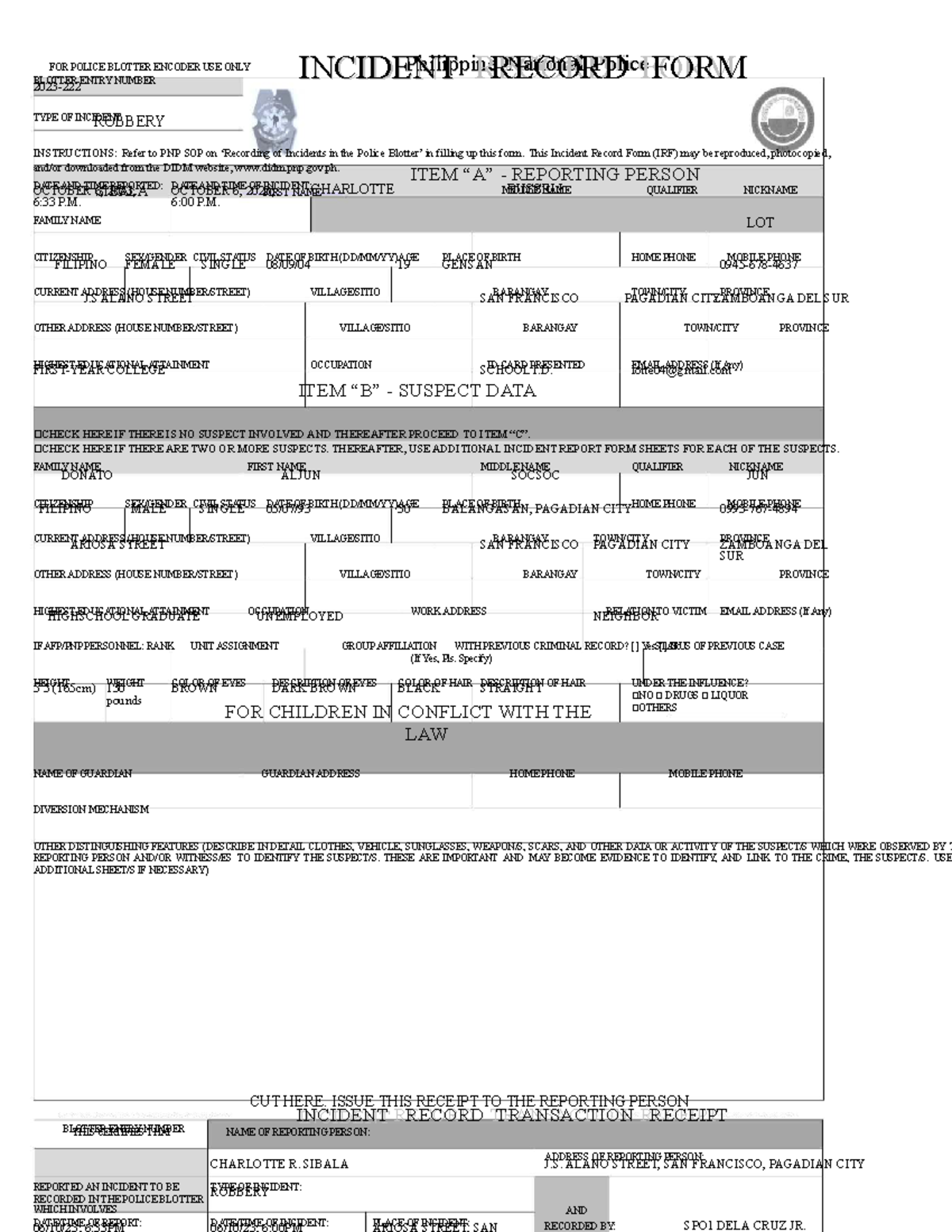 Philippine Police Incident Record Form for Robbery (DLSU - Lecture ...