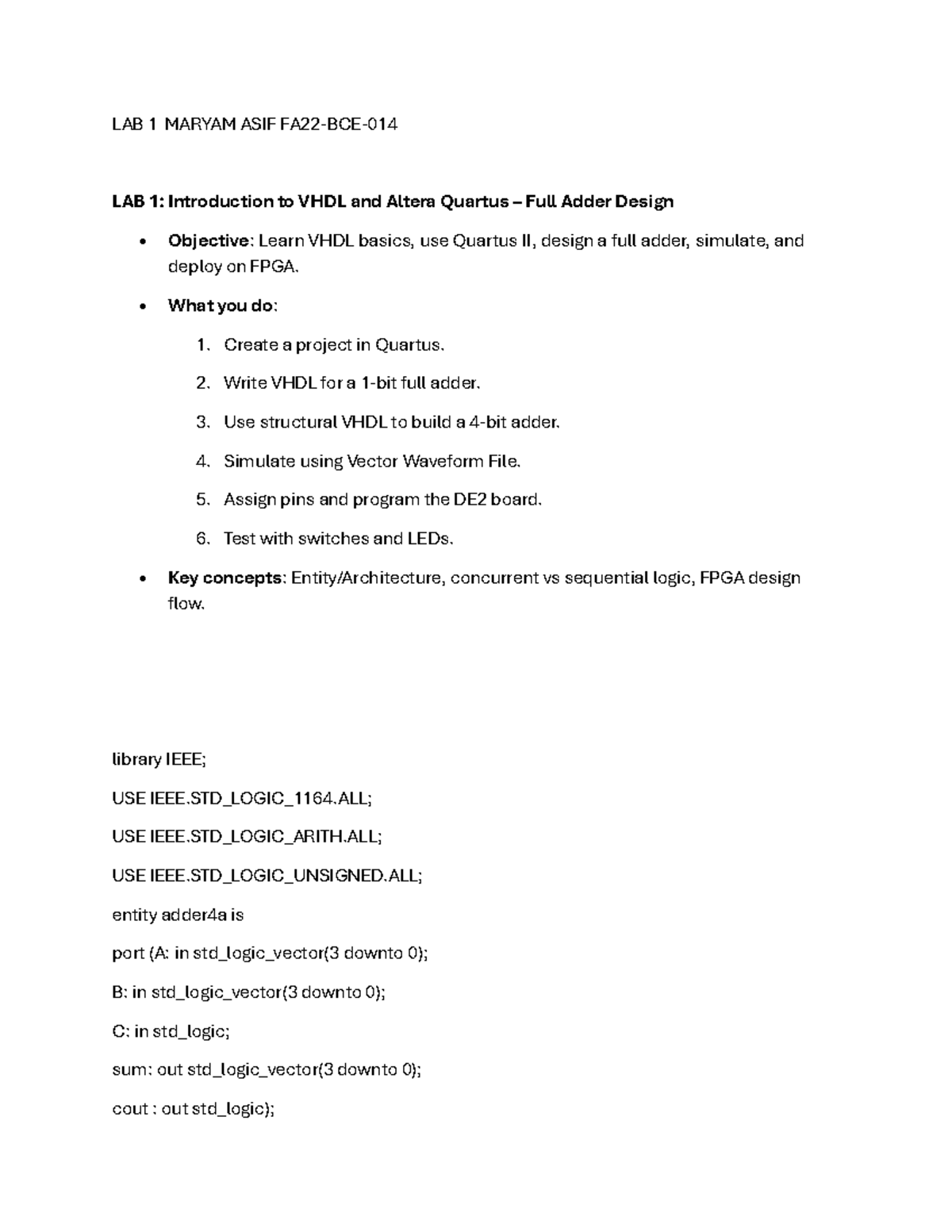 LAB 1: VHDL Basics & Full Adder Design in Quartus - Studocu