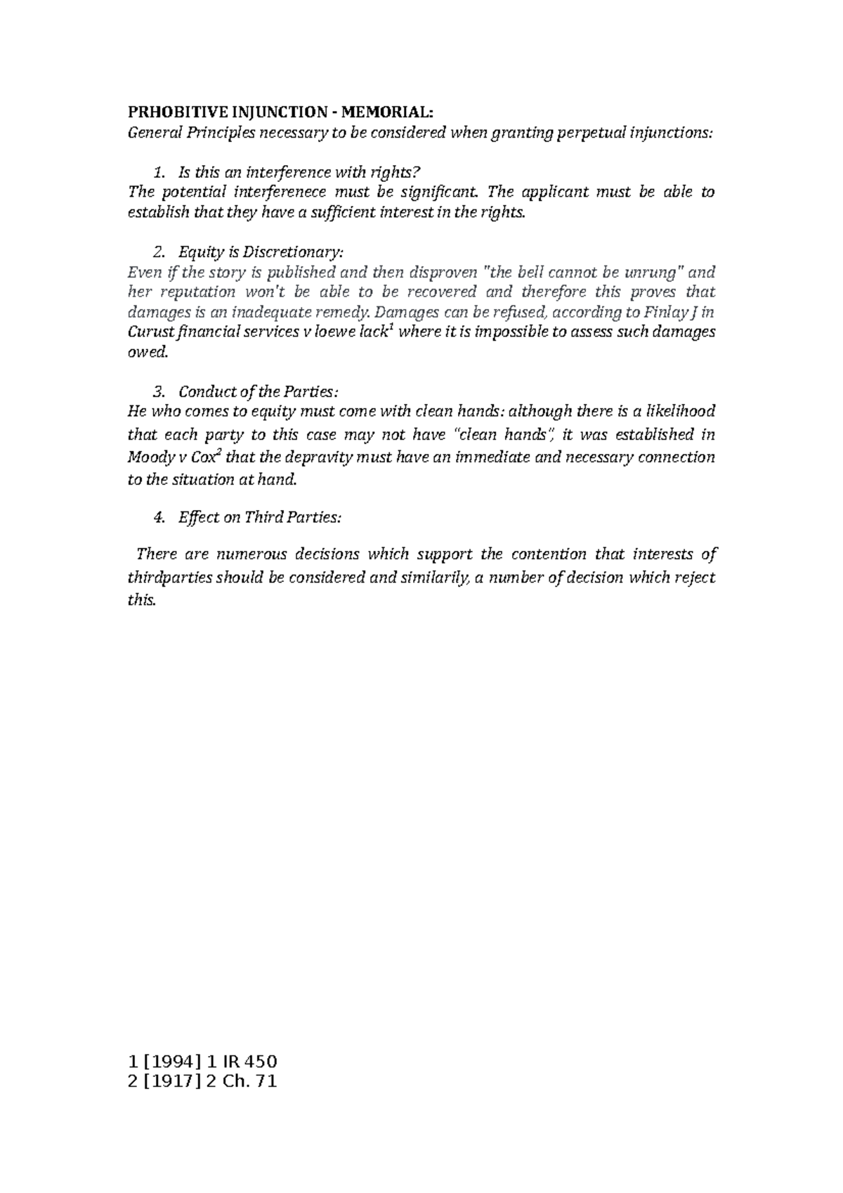 Prohibitive Injunction - PRHOBITIVE INJUNCTION - MEMORIAL: General ...