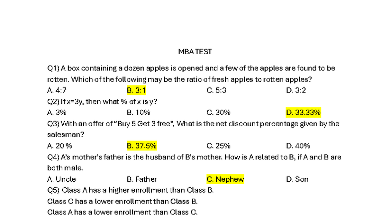 MBA TEST - Sample Questions and Answers - Studocu