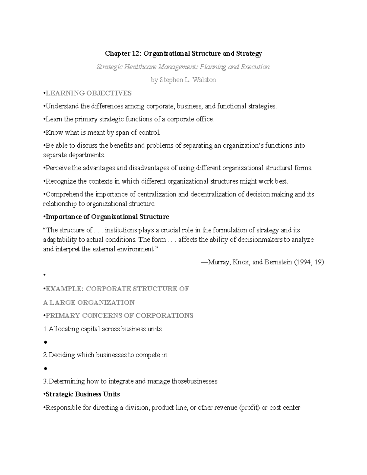 HCA 541 Chapter 12: Notes on Organizational Structure and Strategy ...