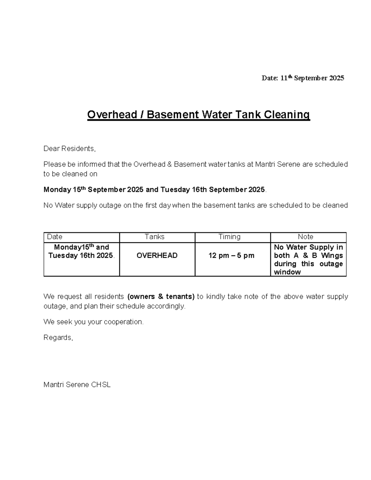 Tank Cleaning Notice for Overhead Basement - Mantri Serene CHSL - Studocu
