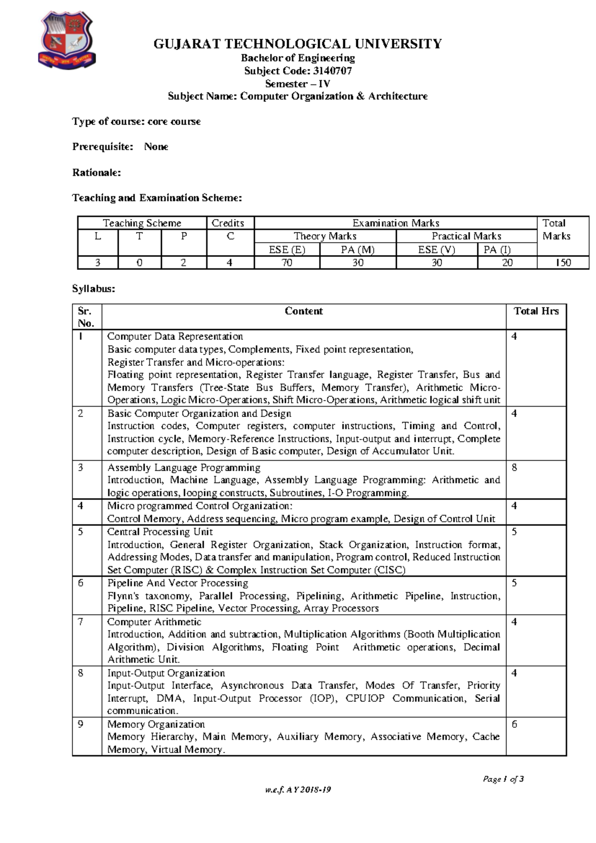 3140707 - Computer Organization & Architecture Syllabus 2018-19 - Studocu
