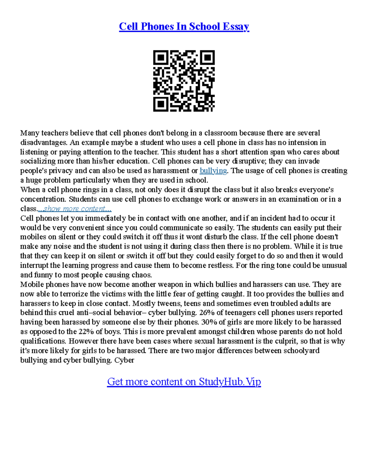 Persuasive Essay on Cell Phones in School - PSY 201 - Studocu