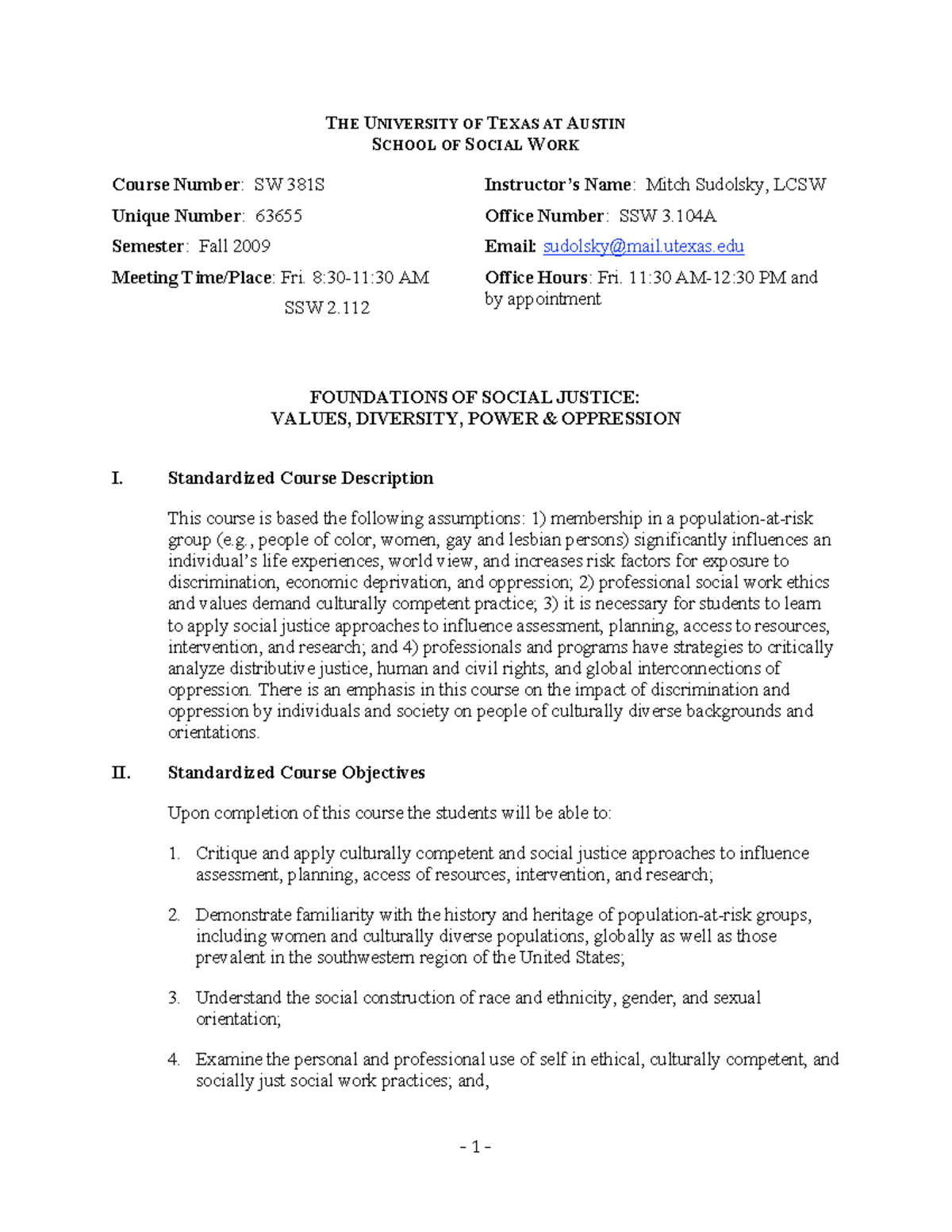 SW 381S 63655 Foundations of Social Justice: Values, Diversity, and ...