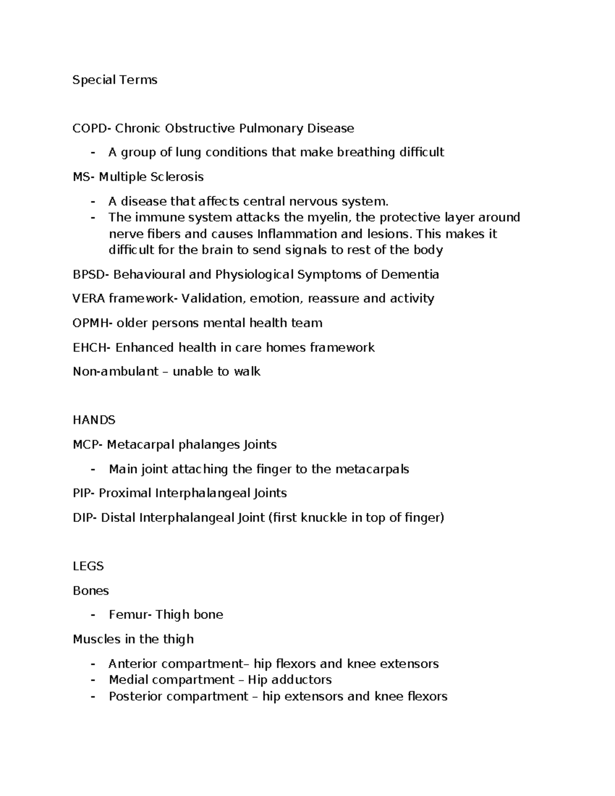 Special Terms - Placement Research on COPD, MS, and Dementia - Studocu