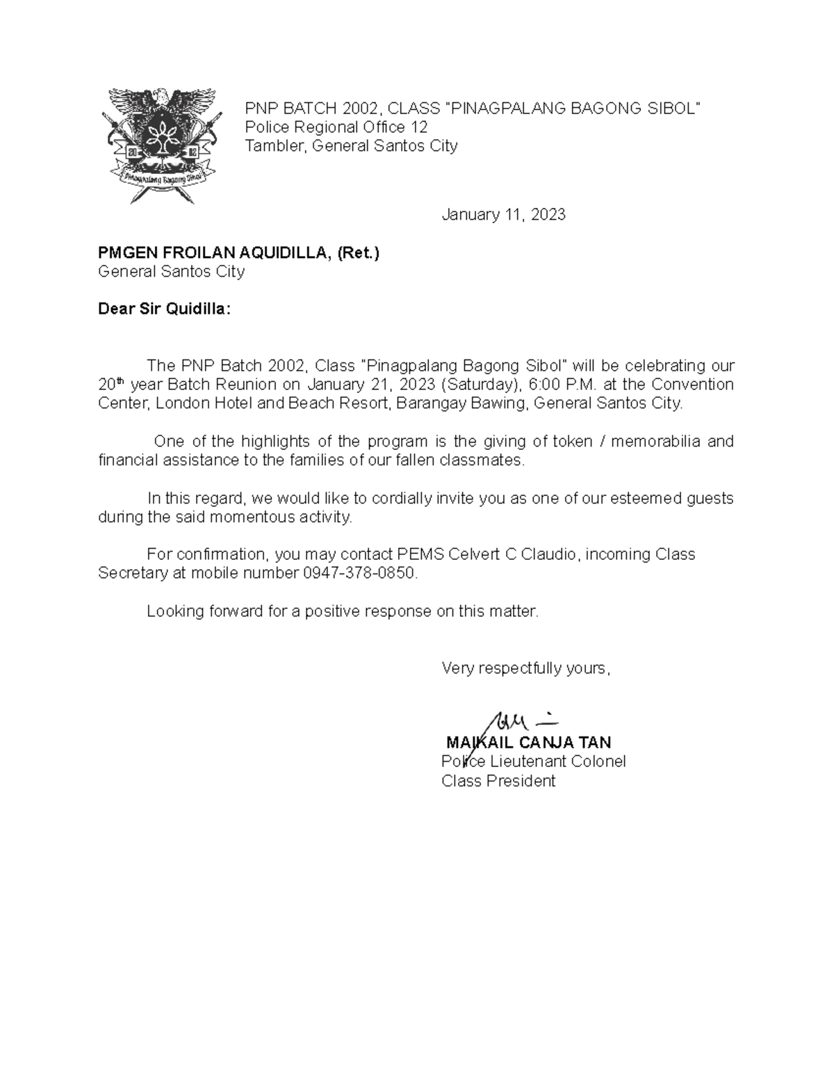 Class Invitation Letter - PNP BATCH 2002, CLASS “PINAGPALANG BAGONG ...