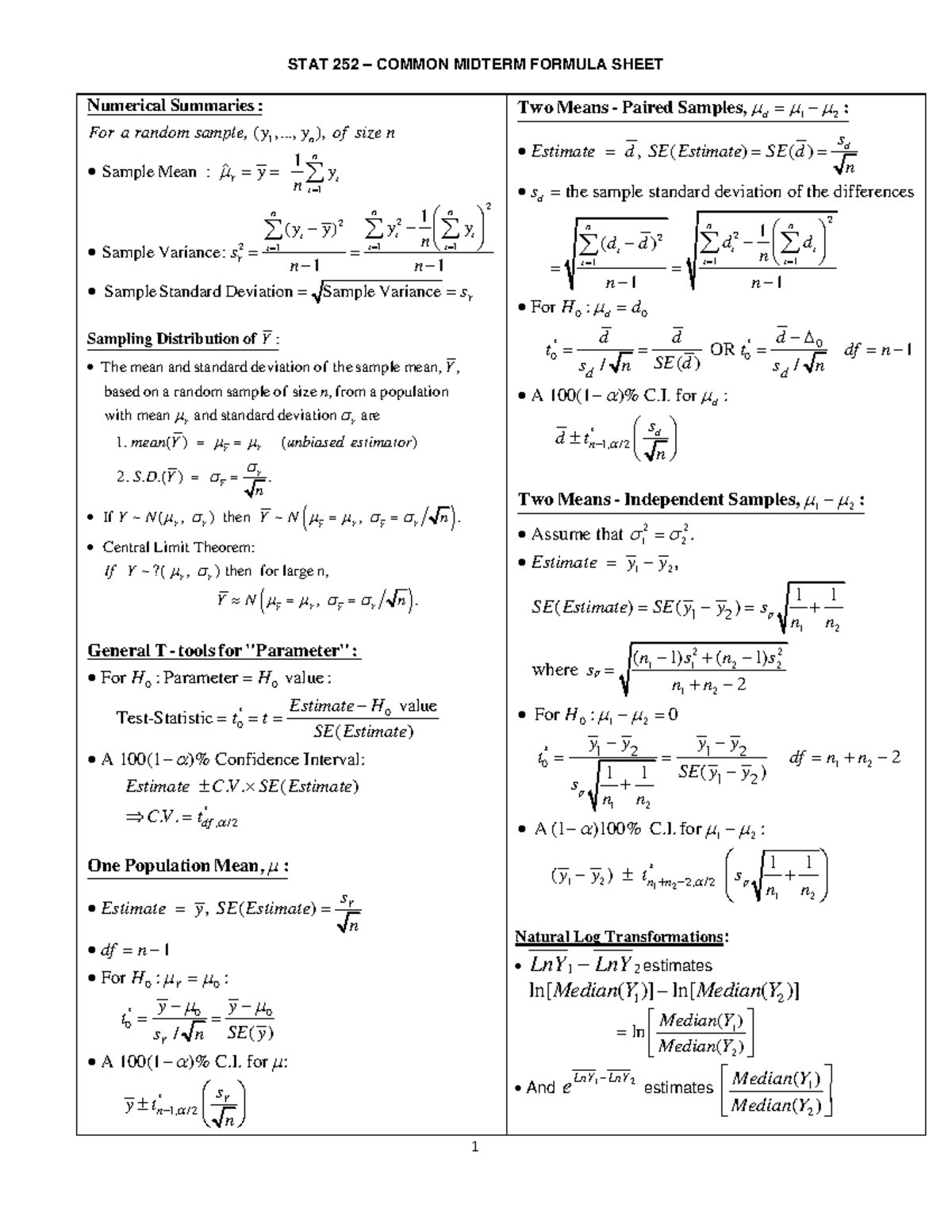 STAT 252 Midterm Formula Sheet: Two Means & Paired Samples - Studocu