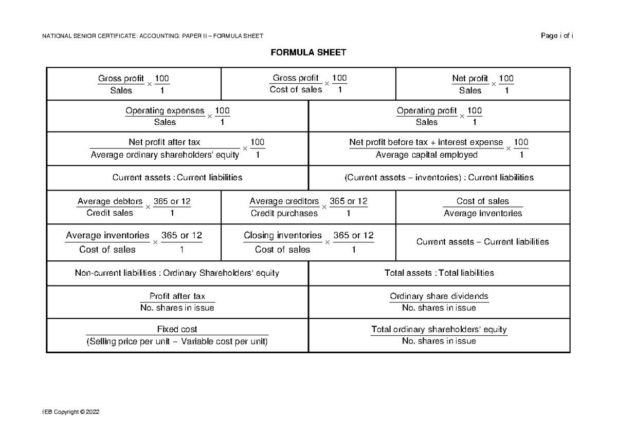 Accounting P2 Formula Sheet (Final Exam) 2022 - Studocu