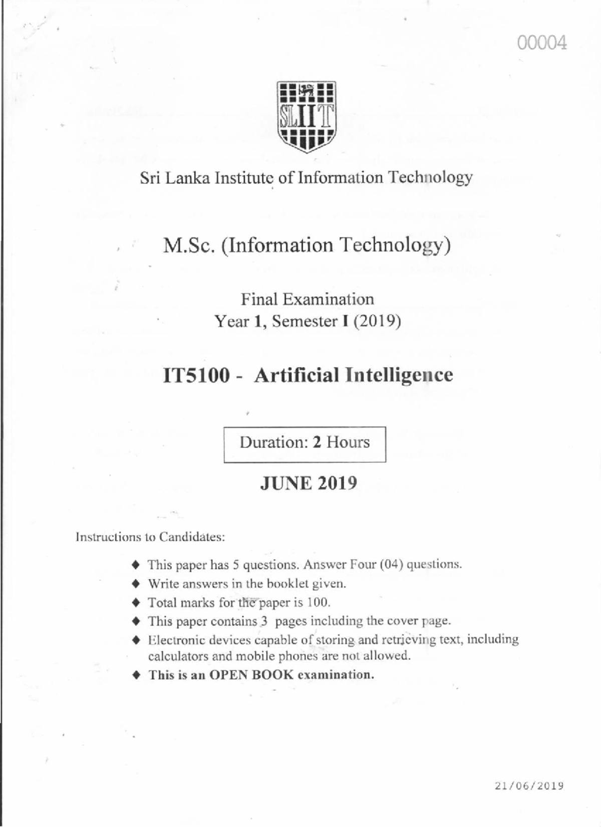 IT5100 M.Sc. AI Final Exam Paper - June 2019 - Studocu