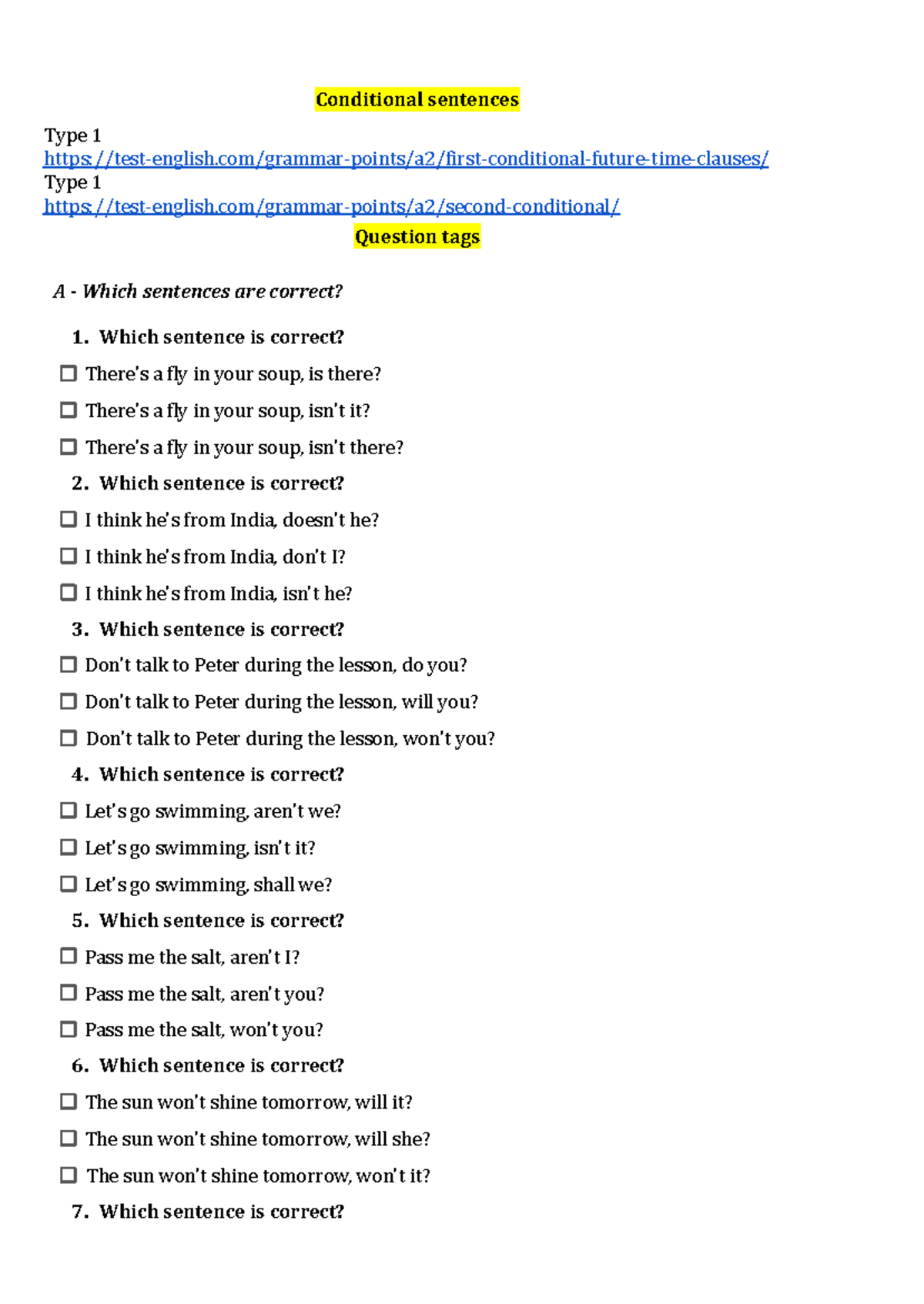 Conditional Sentences & Question Tags Exercise 12 (Type 1) - Studocu