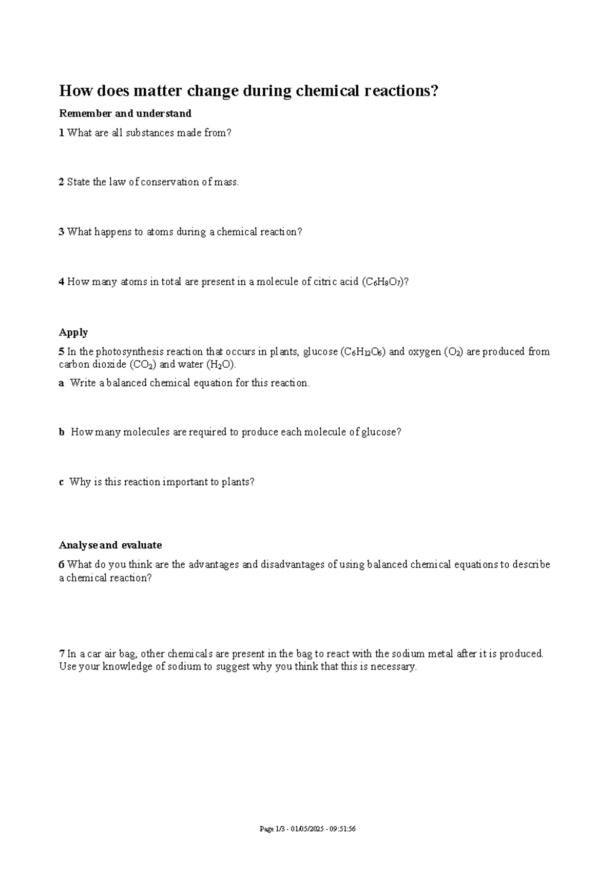 Chemistry Revision: Understanding Matter Changes in Reactions - Studocu