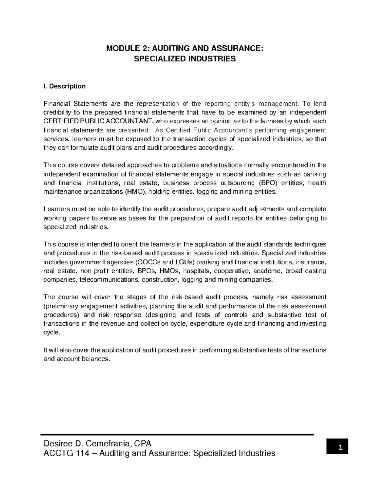 Module 2: Auditing & Assurance in Specialized Industries - Overview ...