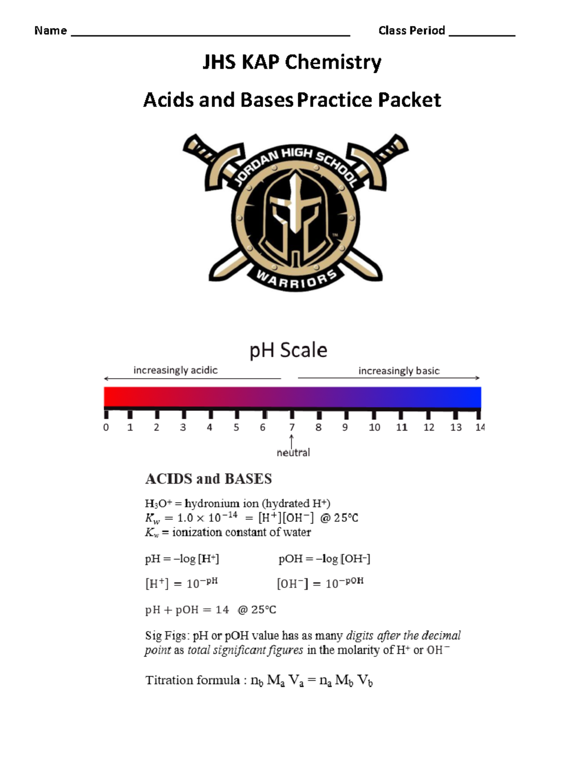 Acids and Bases Practice Packet KAP 2023-2024 - Name