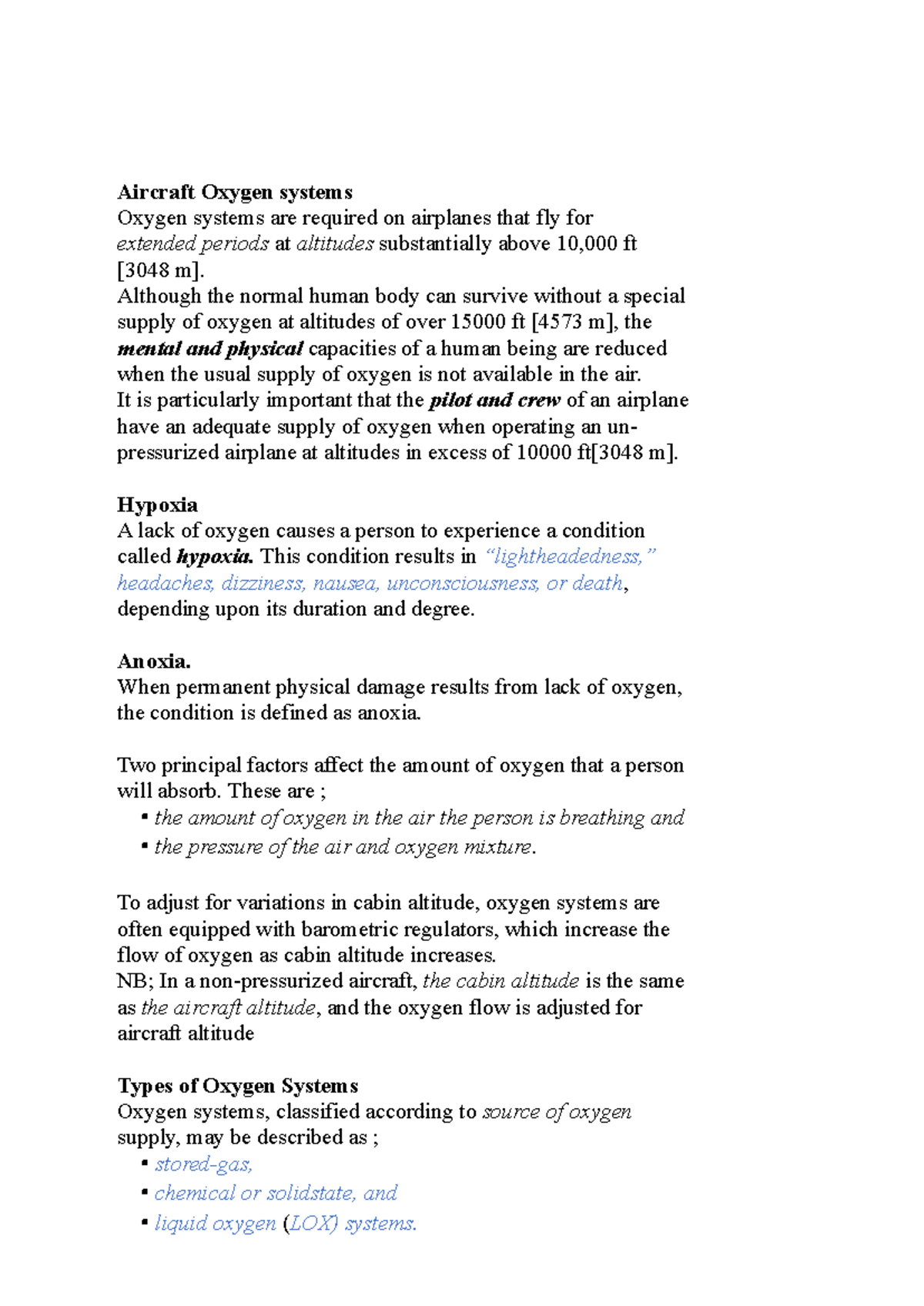 Oxygen Systems in Aircraft: An Overview of Types and Functions - Studocu