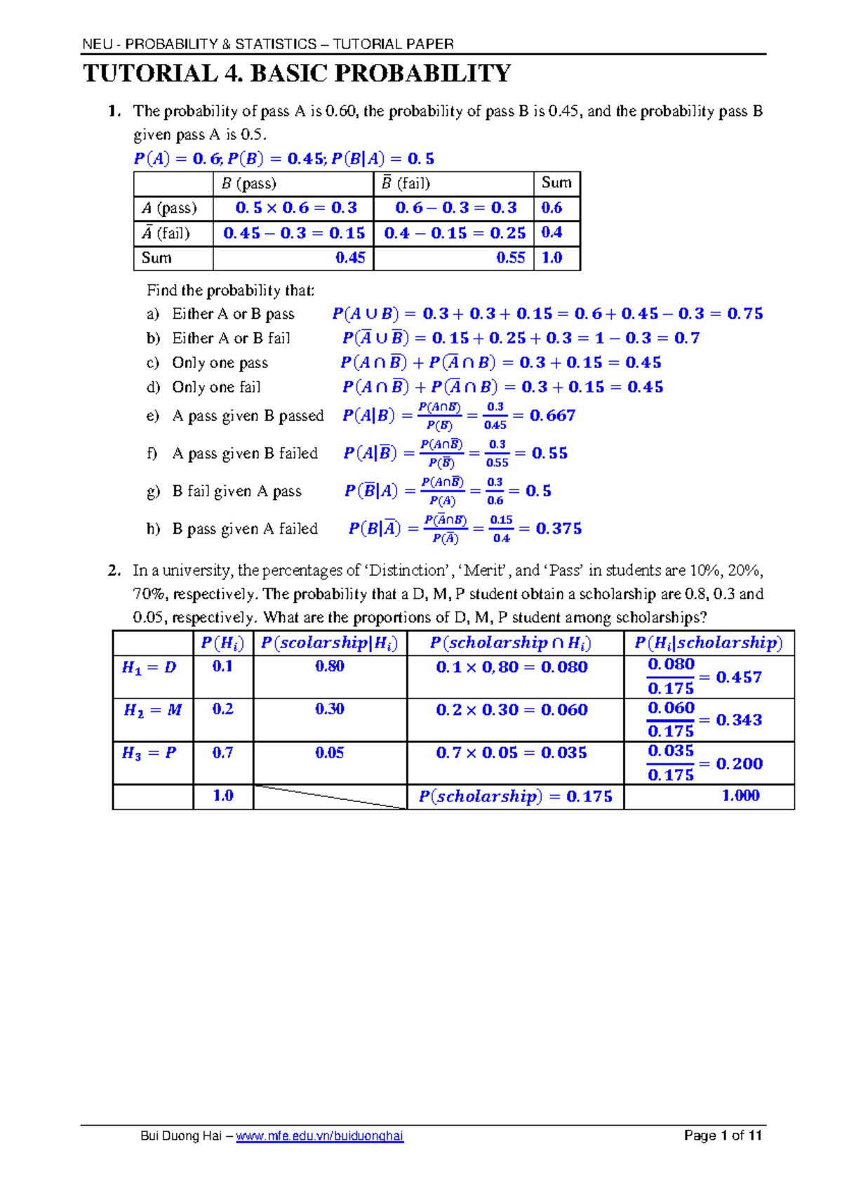 Prob - Solution - TUTORIAL 4. BASIC PROBABILITY The probability of pass ...