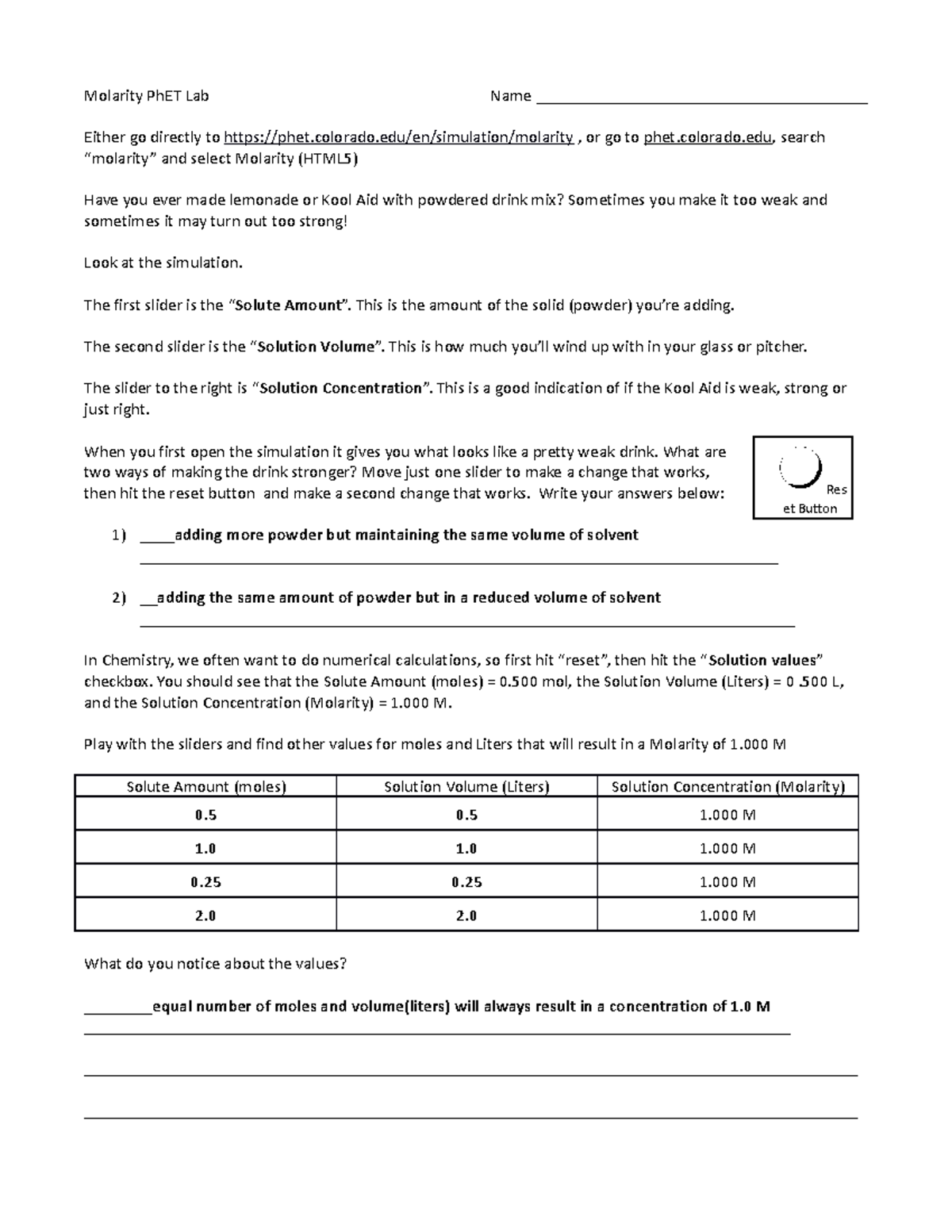 Molarity PhET Lab Work - Understanding Solution Concentration - Studocu