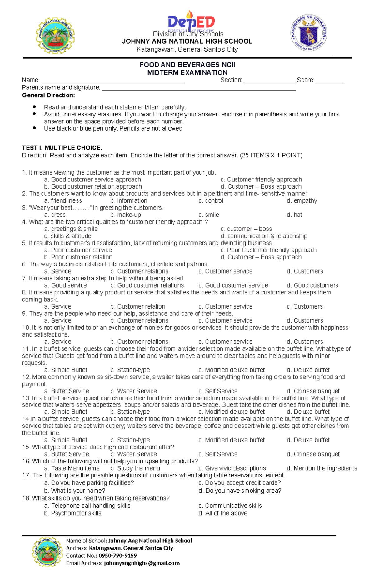 FBS EXAM - FOR REFERENCES! - Division of City Schools JOHNNY ANG ...