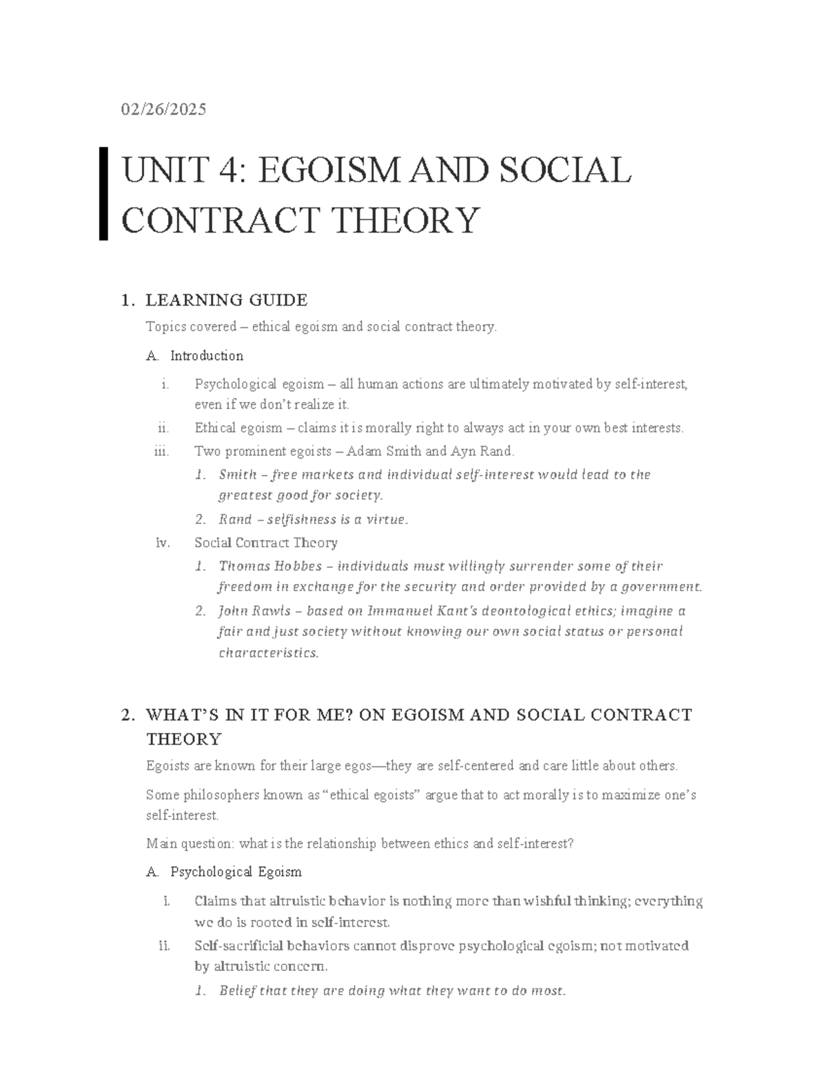 Unit 4 - Reading Notes - 02/26/ UNIT 4: EGOISM AND SOCIAL CONTRACT ...