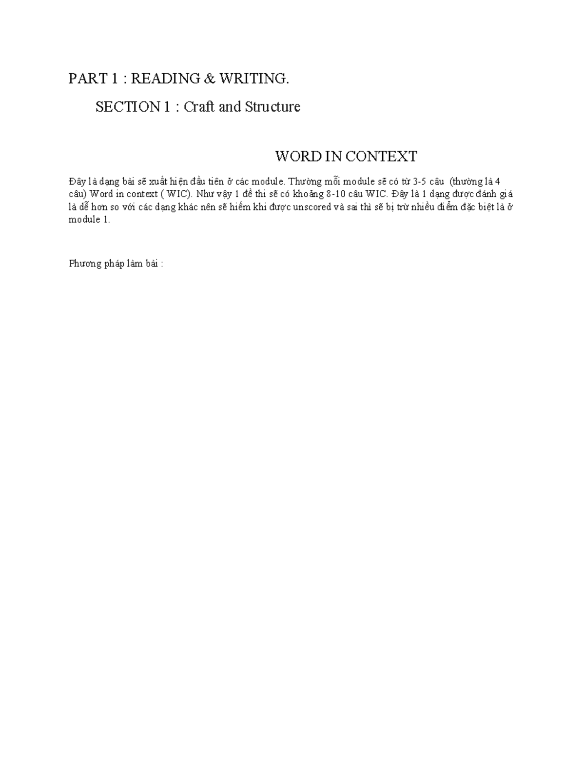 PART 1: READING & WRITING - WORD IN CONTEXT Guide - Studocu