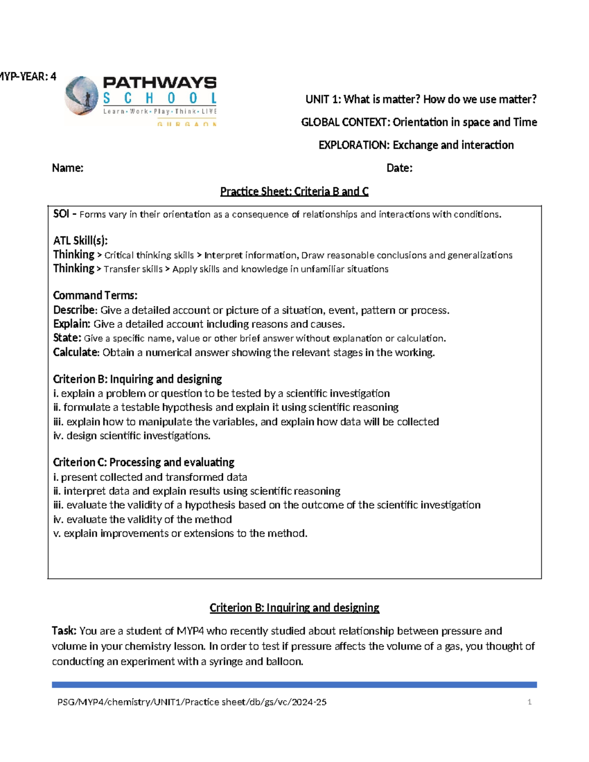 Practice sheet on B and C - 4 UNIT 1: What is matter? How do we use ...