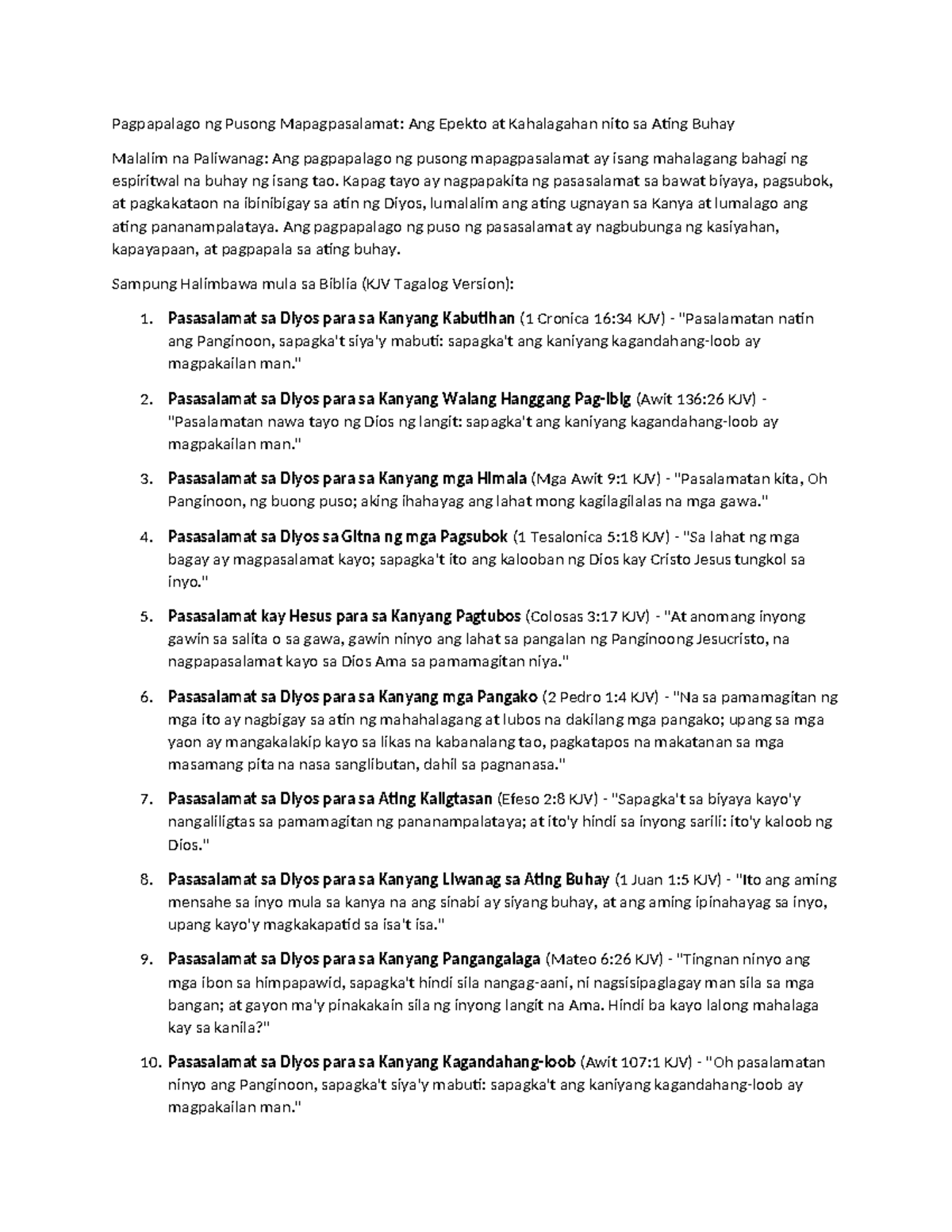 Pagpapalago ng Pusong Mapagpasalamat: Kahalagahan at Epekto nito - Studocu