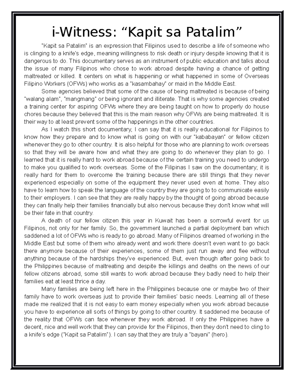 Kapit sa Patalim - Reaction Paper - i-Witness: “Kapit sa Patalim ...