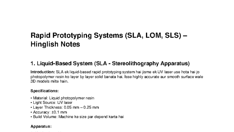 Rapid Prototyping Systems (SLA, LOM) Hinglish Notes - Studocu