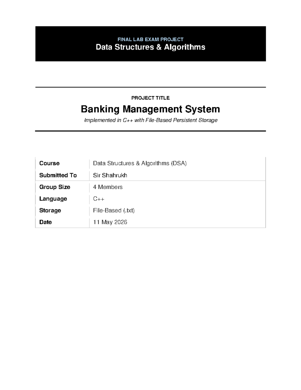 FINAL LAB EXAM PROJECT: Banking Management System Proposal (DSA) - Studocu