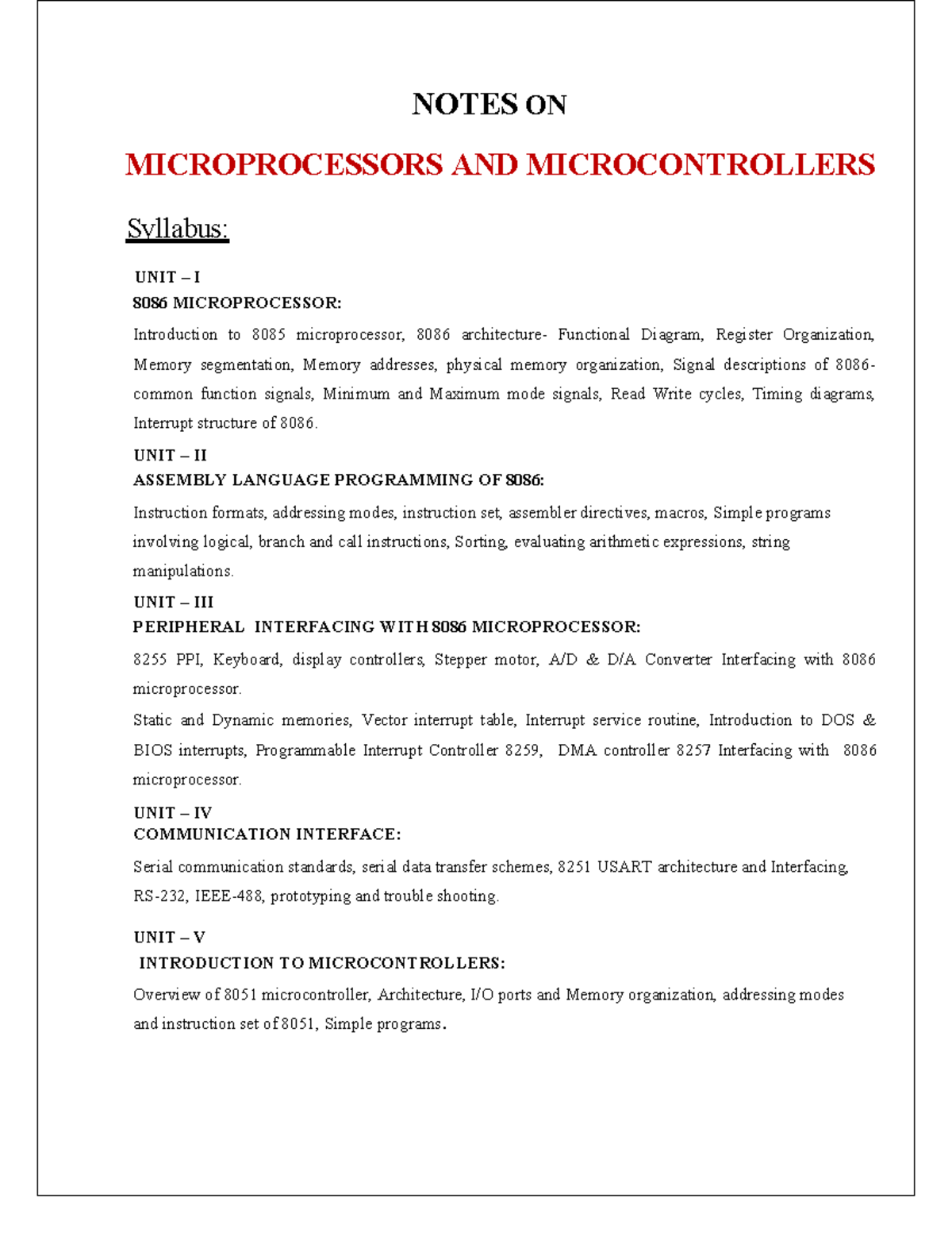NOTES ON MICROPROCESSORS AND MICROCONTROLLERS (CS101) - Studocu