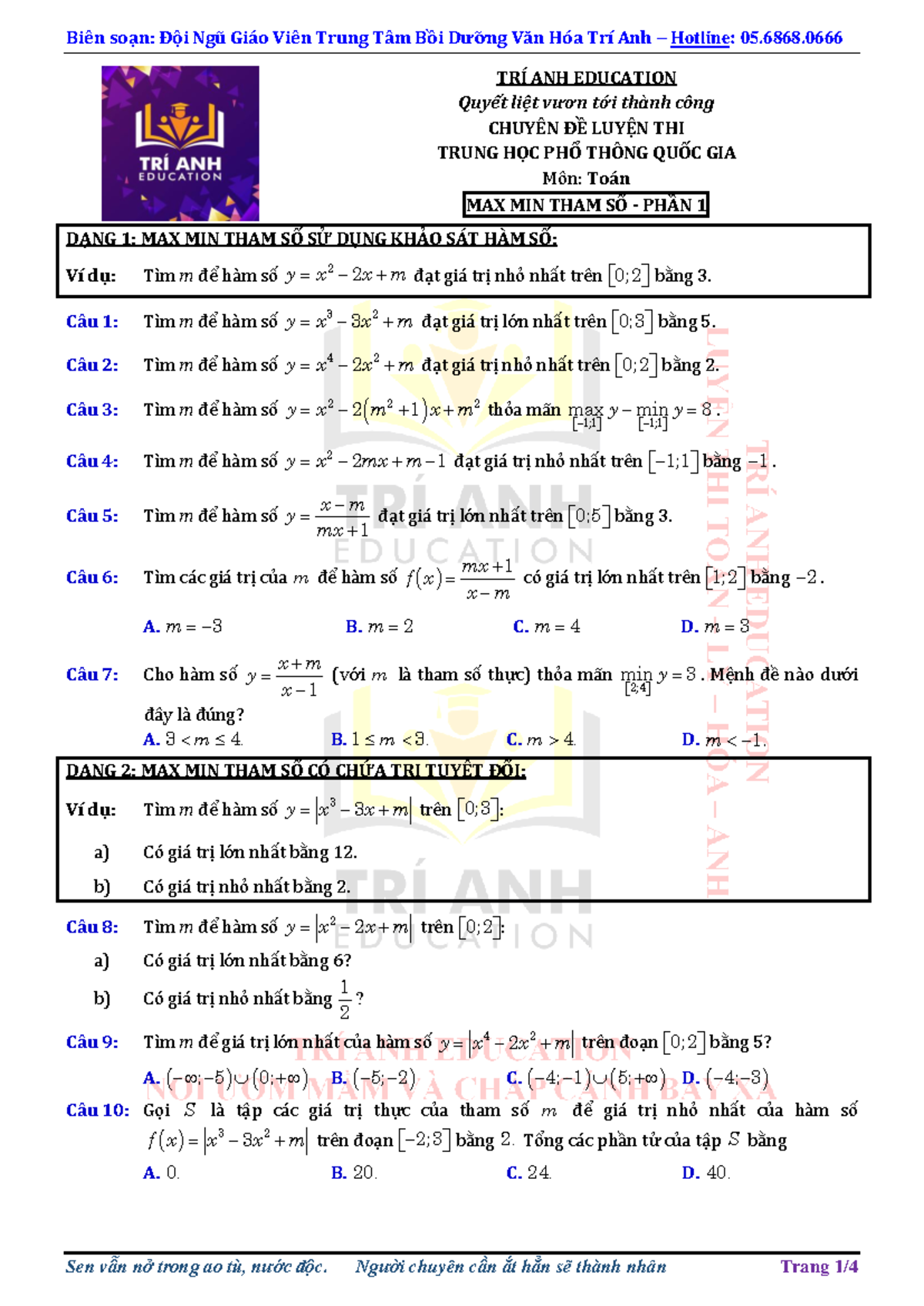 11 - max-min tham số - TRÍ ANH EDUCATION Quyết liệt vươn tới thành công ...