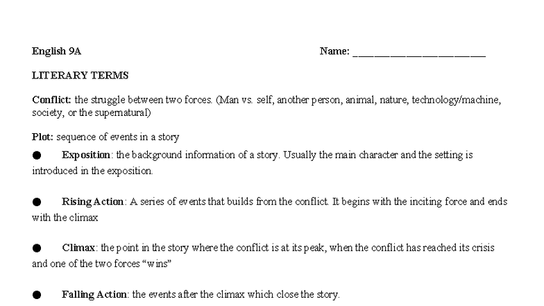 Literary Terms Overview for English 9A: Key Concepts and Definitions ...