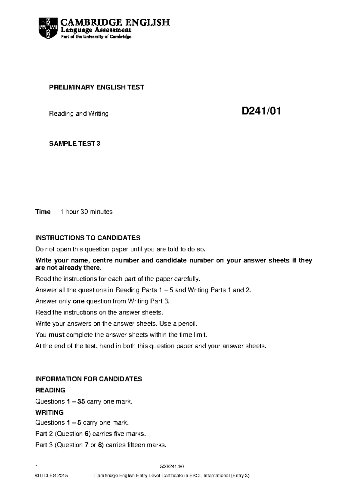 PRELIMINARY ENGLISH TEST (PET) Reading & Writing Sample Test 3 - Studocu