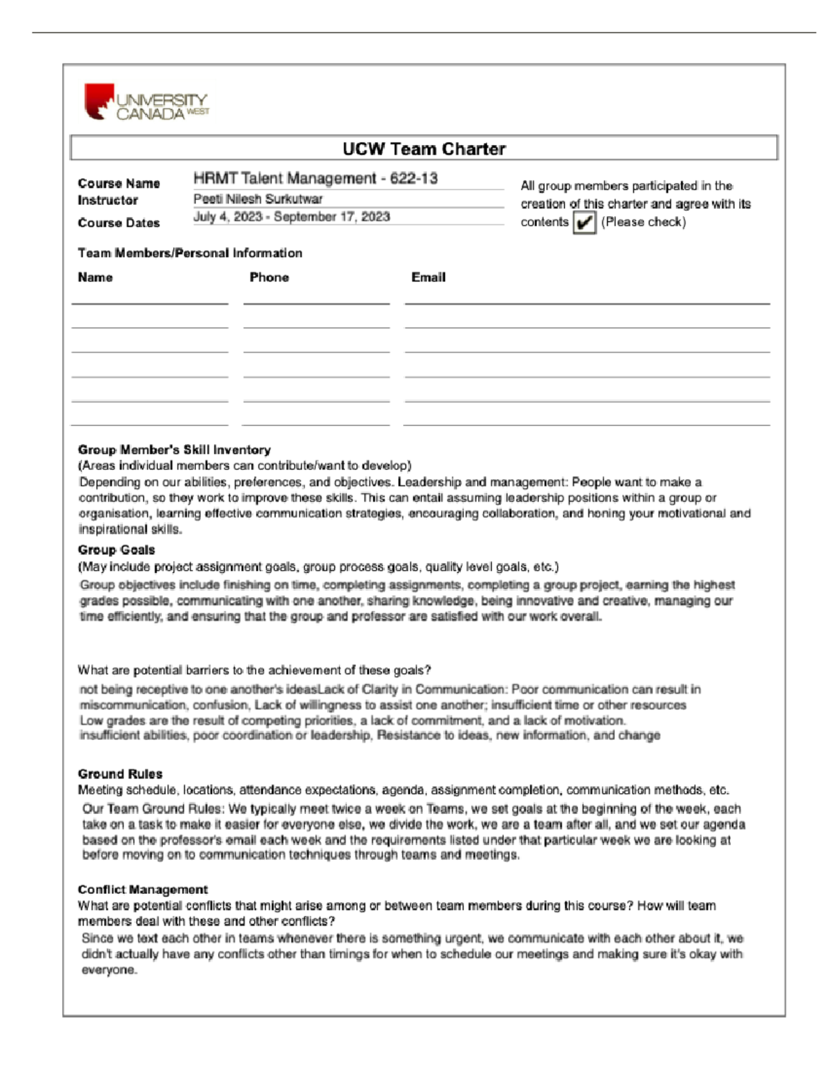 UCW Team Charter Template for Effective Team Collaboration - Studocu