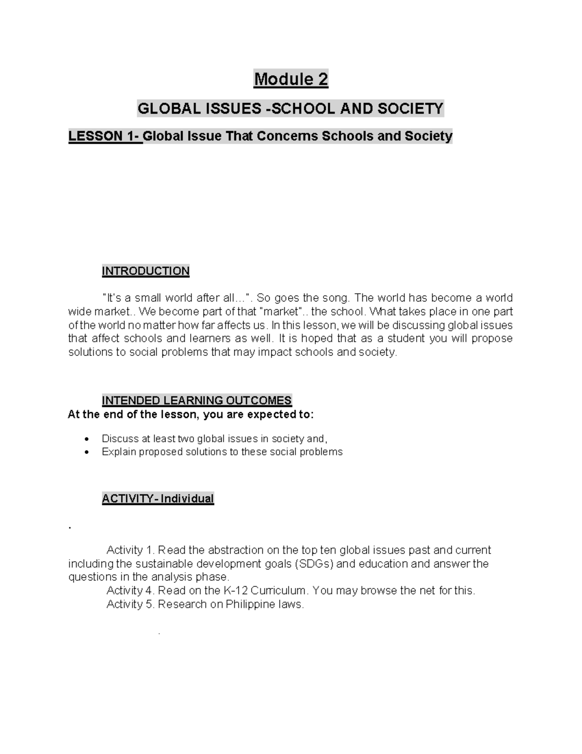 Lesson 1: Global Issues Affecting Schools & Society - M2 - Studocu