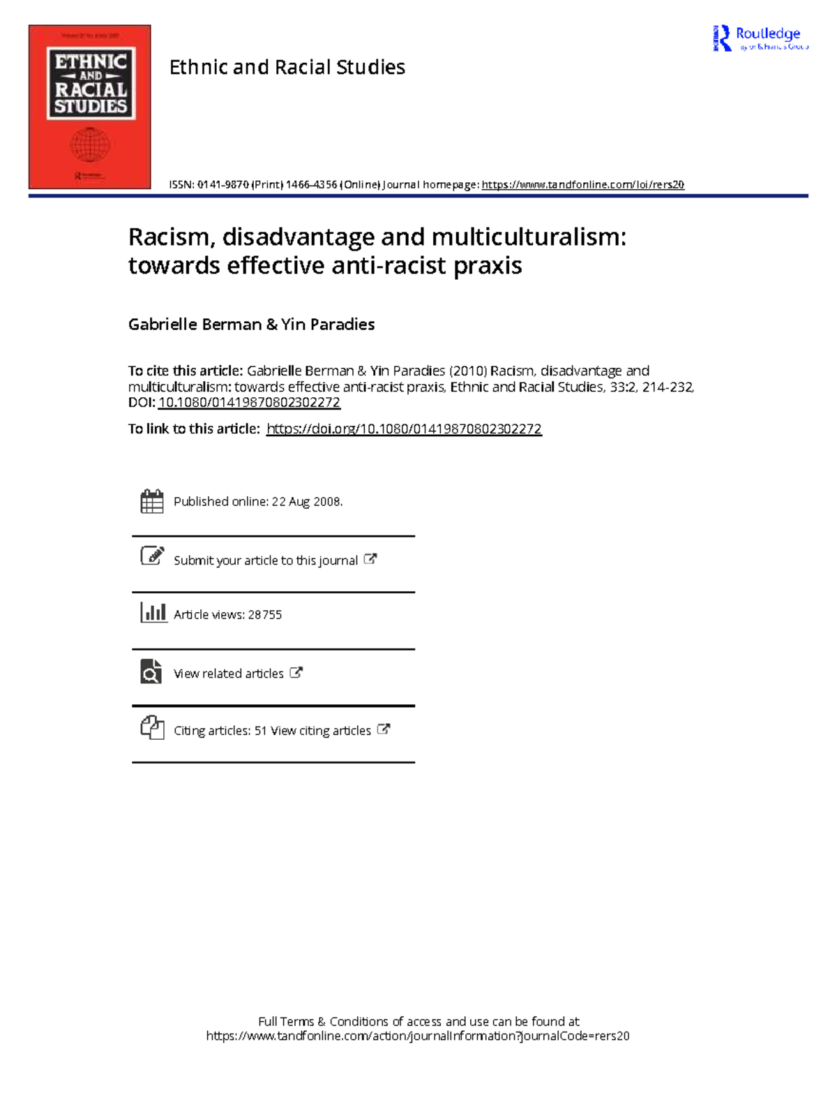 Week 6 Reading: Racism, Disadvantage, and Multiculturalism for ...