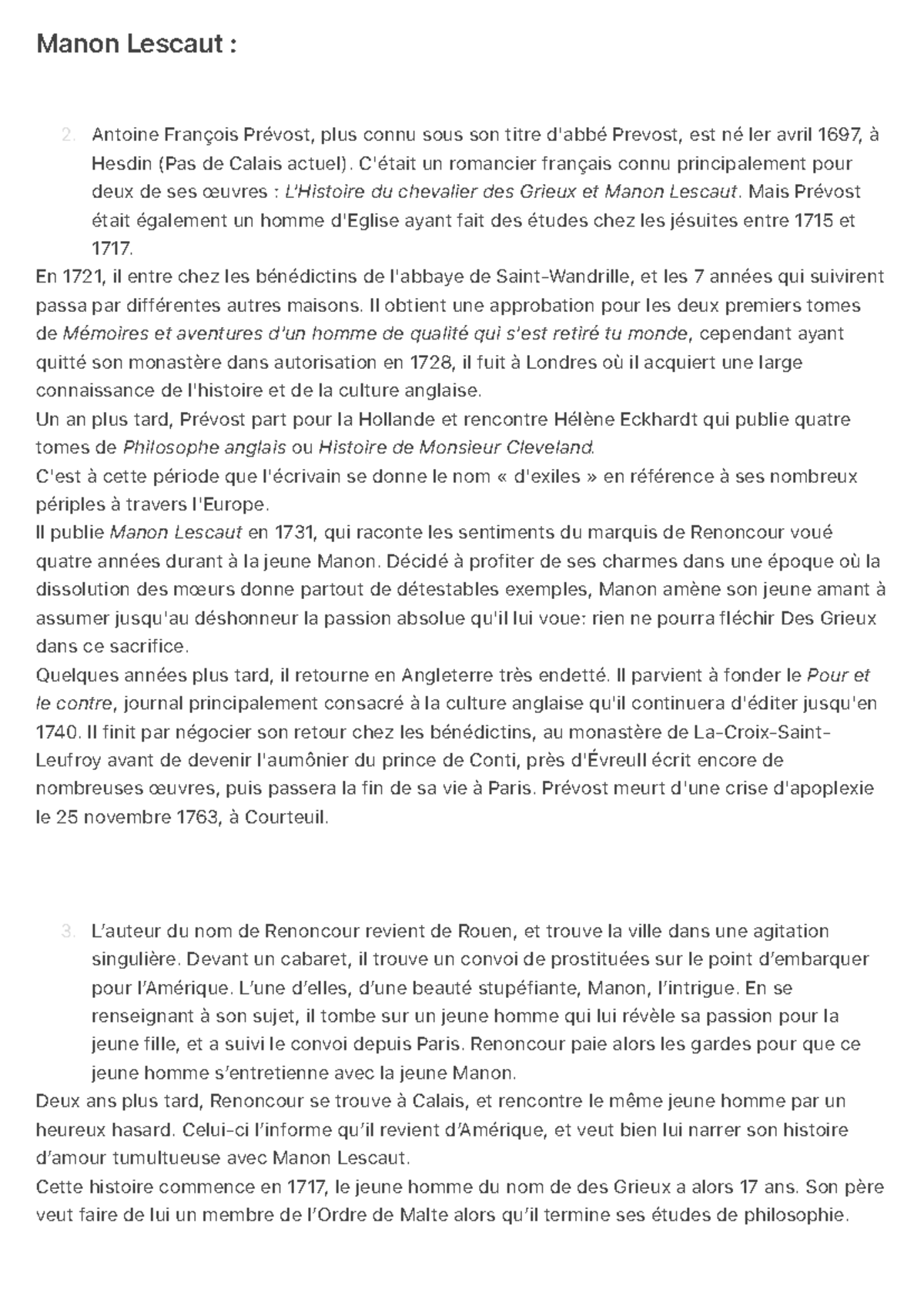 Manon Lescaut : Fiche Récapitulatif sur l'Œuvre de Prévost - Studocu