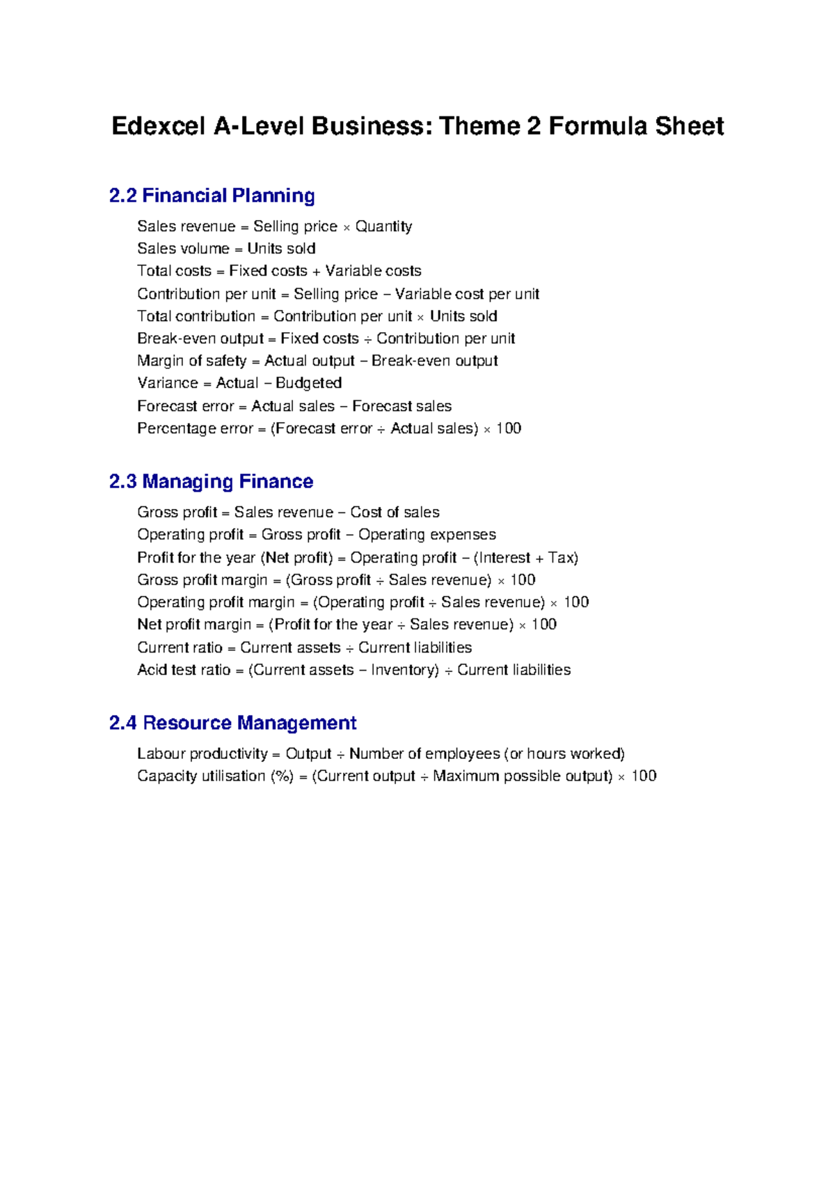 Edexcel Business: Theme 2 Formula Sheet for Financial Planning - Studocu
