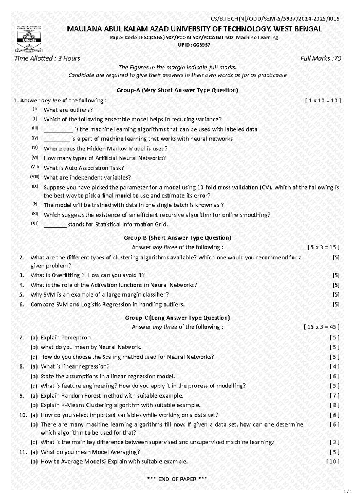 AIML 5th SEM Machine Learning Previous Year Questions - Studocu