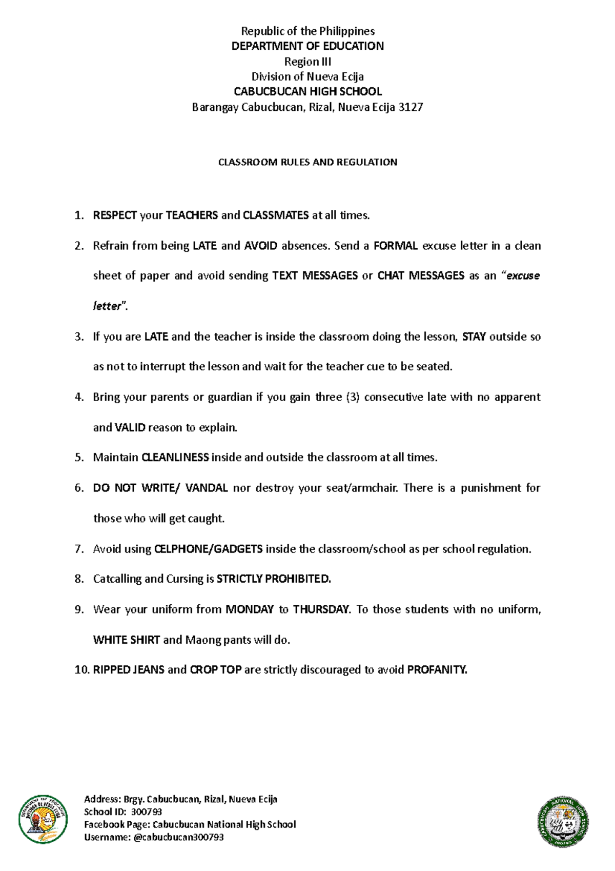 Classroom Rules & Regulations for Cabucbucan High School - Studocu