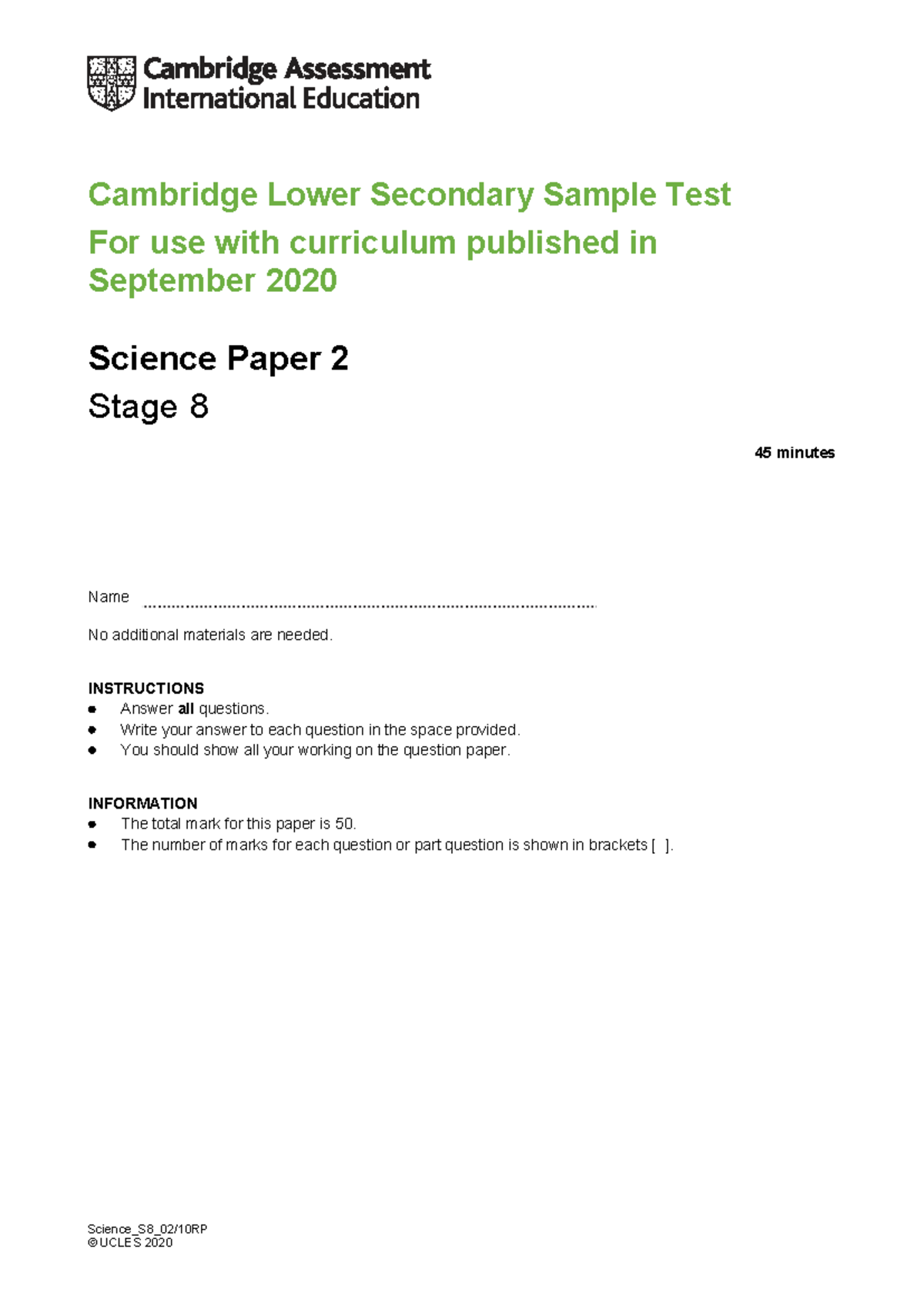 Progression Test Science Stage 8 Sample Paper 2 - UCLES 2020 - Studocu
