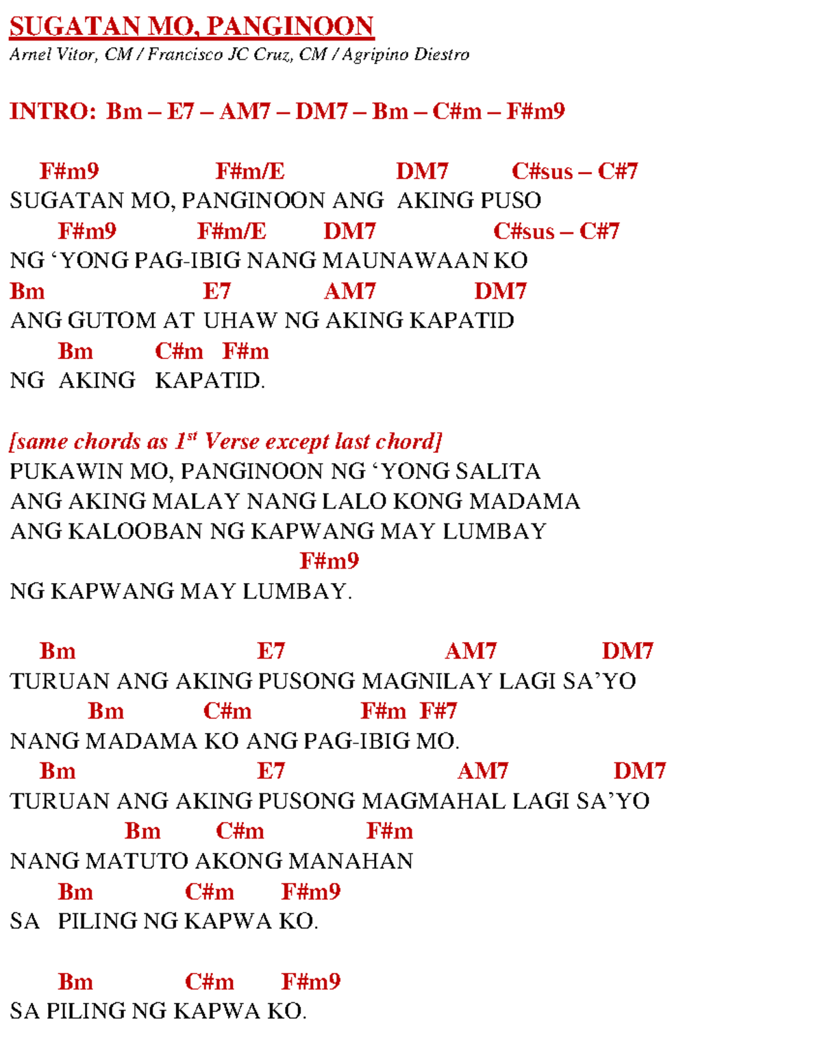 Sugatan Mo, Panginoon: Chords & Lyrics Analysis - Studocu