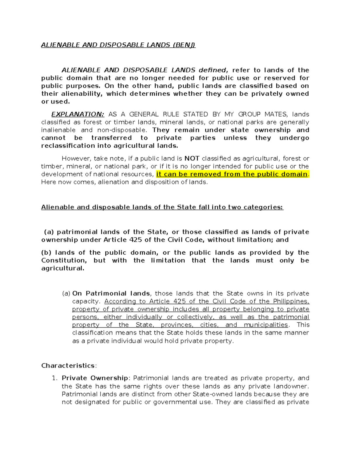 Alienable and Disposable Lands: Comprehensive Review (BENJ) - Studocu
