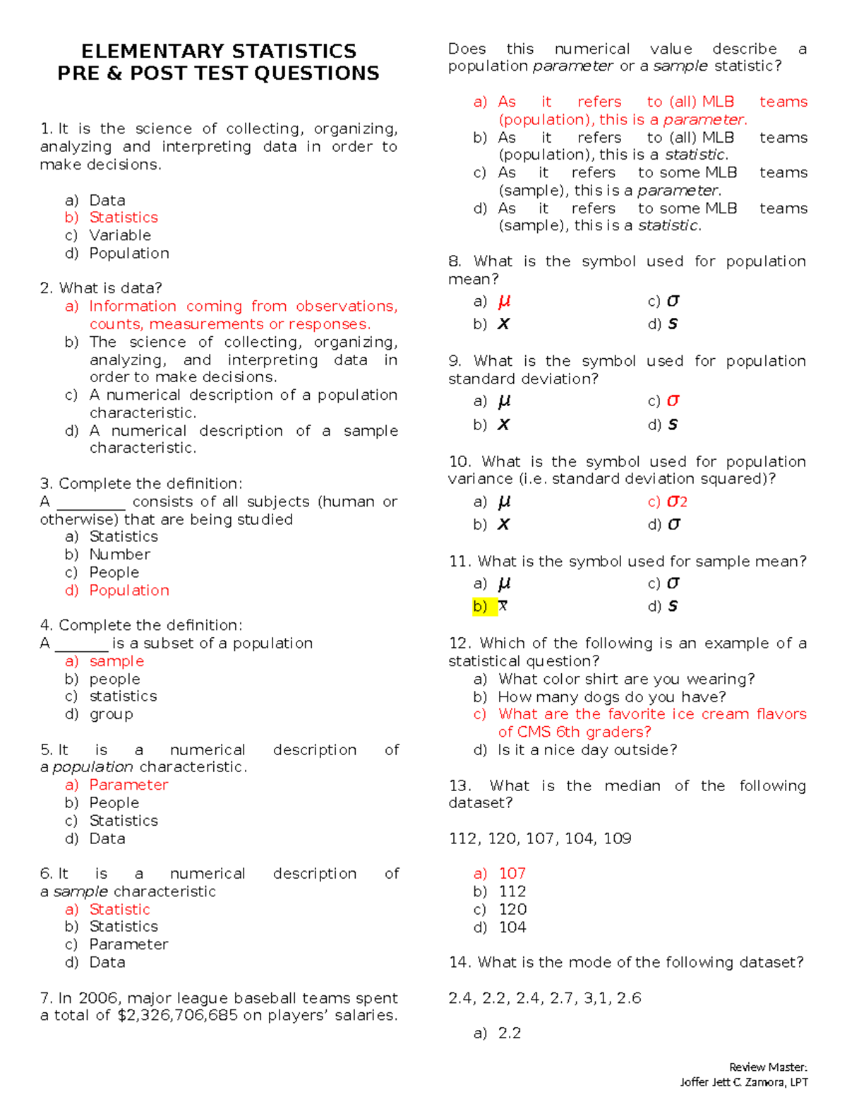 ELEMENTARY STATISTICS (STAT 101) PRE-POST TEST QUESTIONS & ANSWERS ...