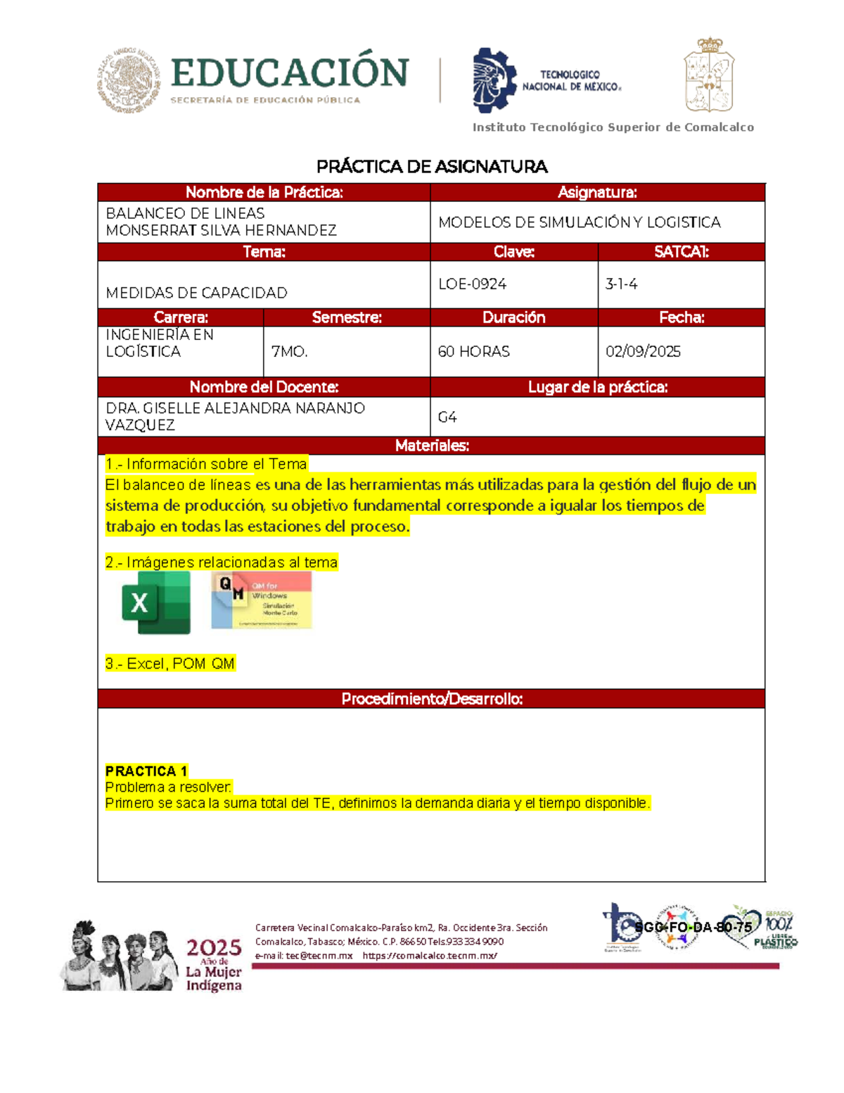 Práctica 1: Balanceo de Líneas en POM QM - Ingeniería en Logística 7MO ...