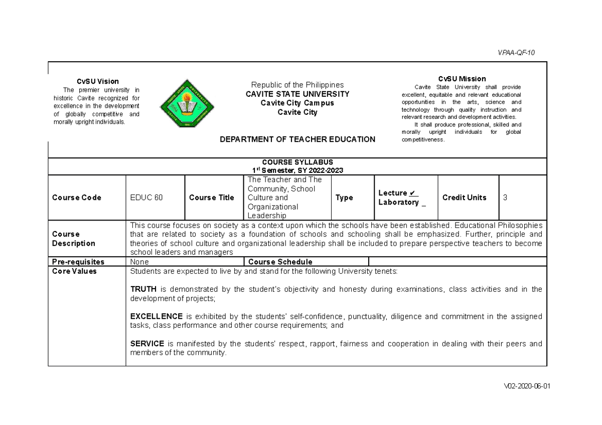 Syllabus EDUC 60: Teacher & Community, School Culture & Leadership ...