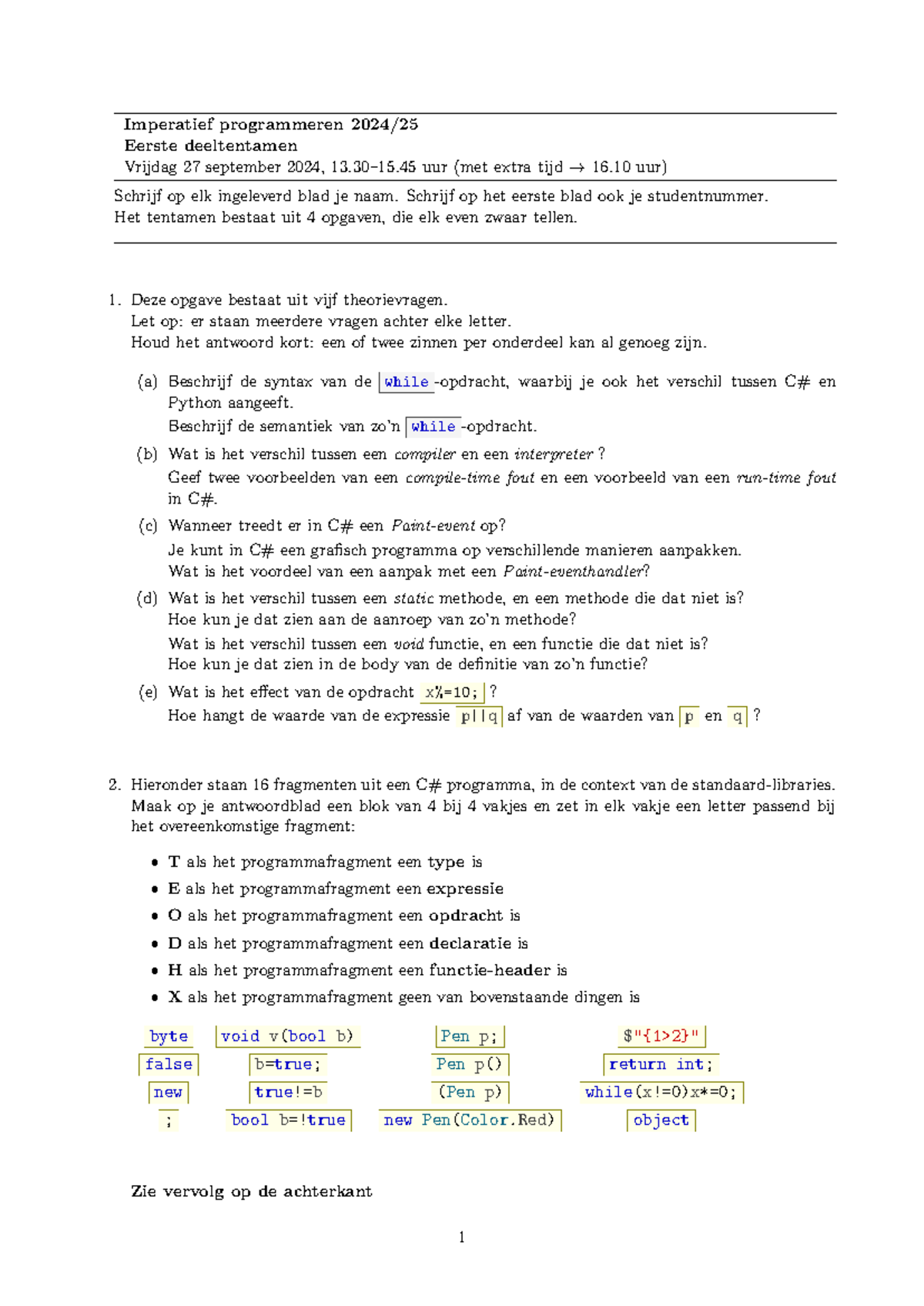 Imperatief programmeren - Eerste Deeltentamen T1 2024/2025 - Studeersnel