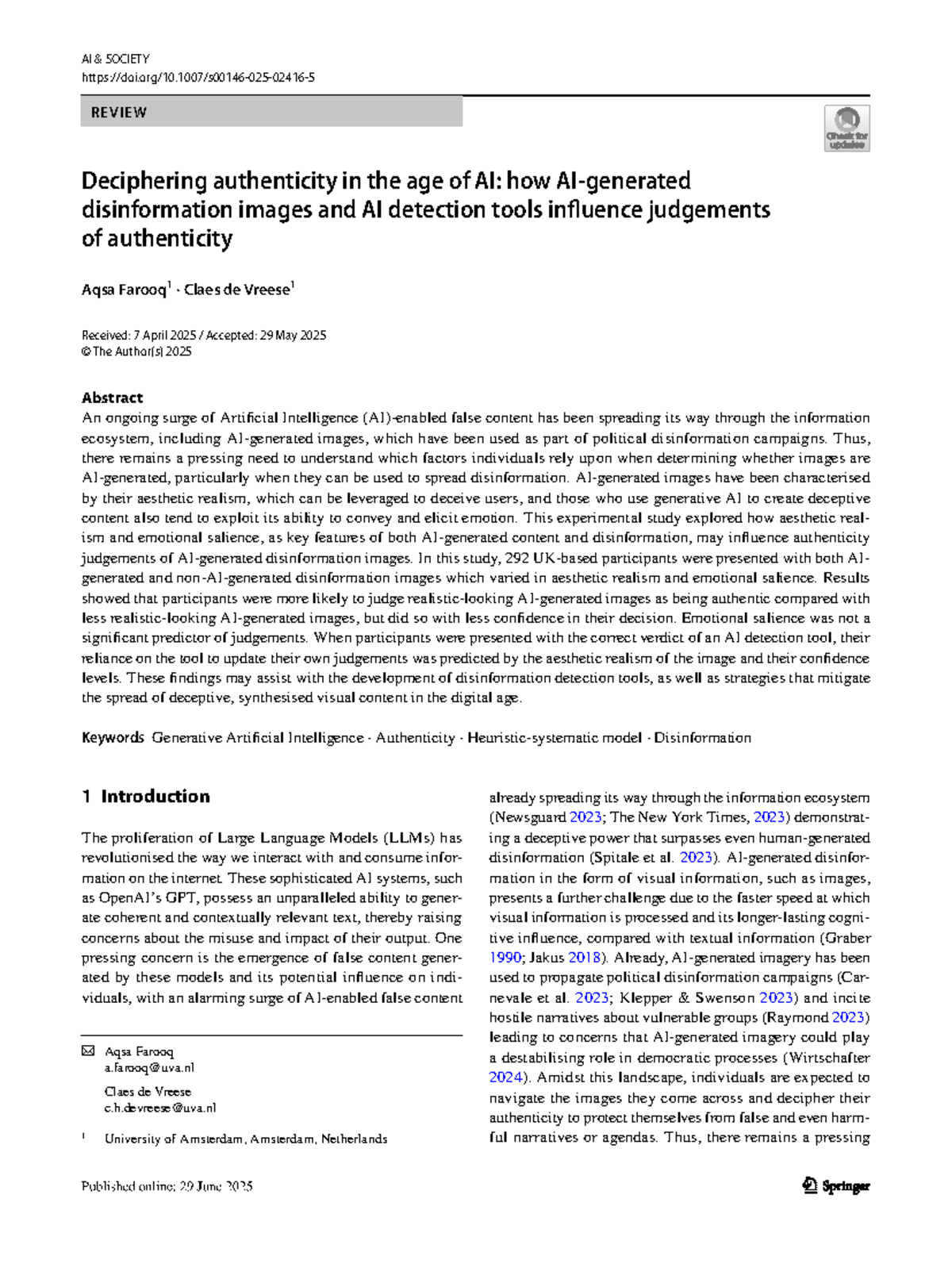 AI SOCIETY REVIEW: Authenticity Judgements of AI-Generated ...