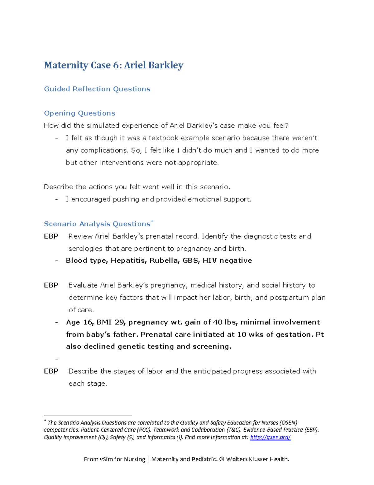 Maternity Case Study 6: Reflection on Ariel Barkley’s Labor Experience ...